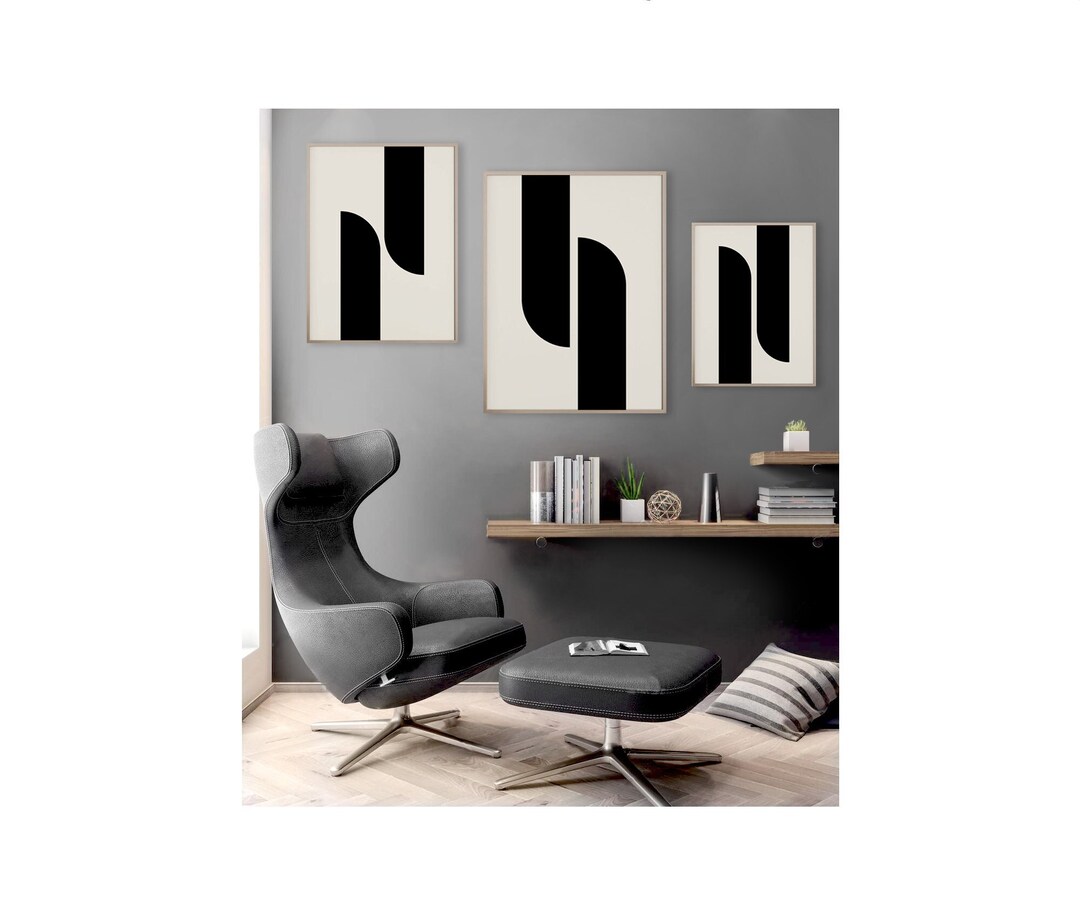 Monochrome Abstract Design Printable Artwork, Black Shape Painting Set ...