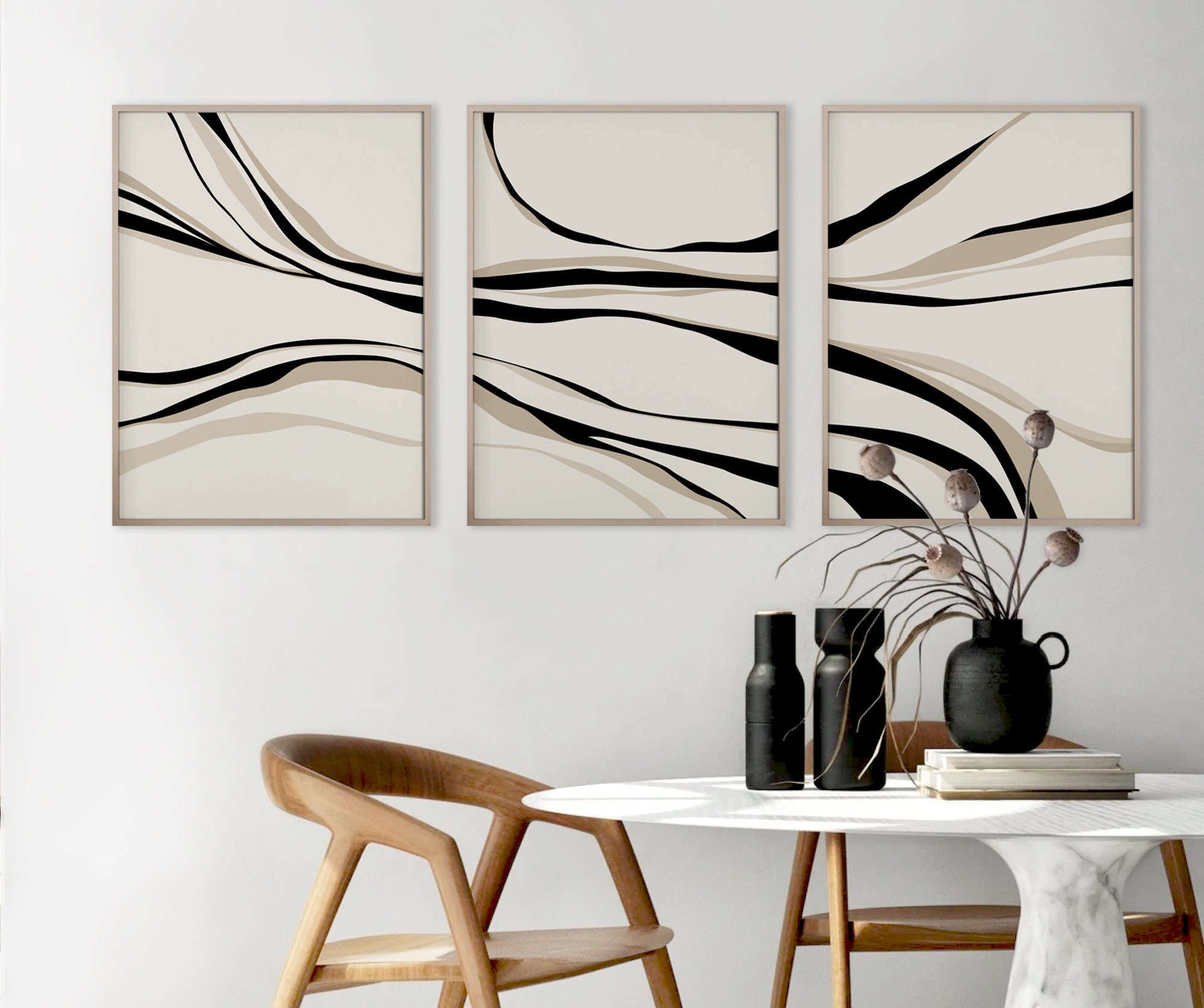 Black Ivory Modern Abstract Line Art Set of 3 Print Download, Organic ...