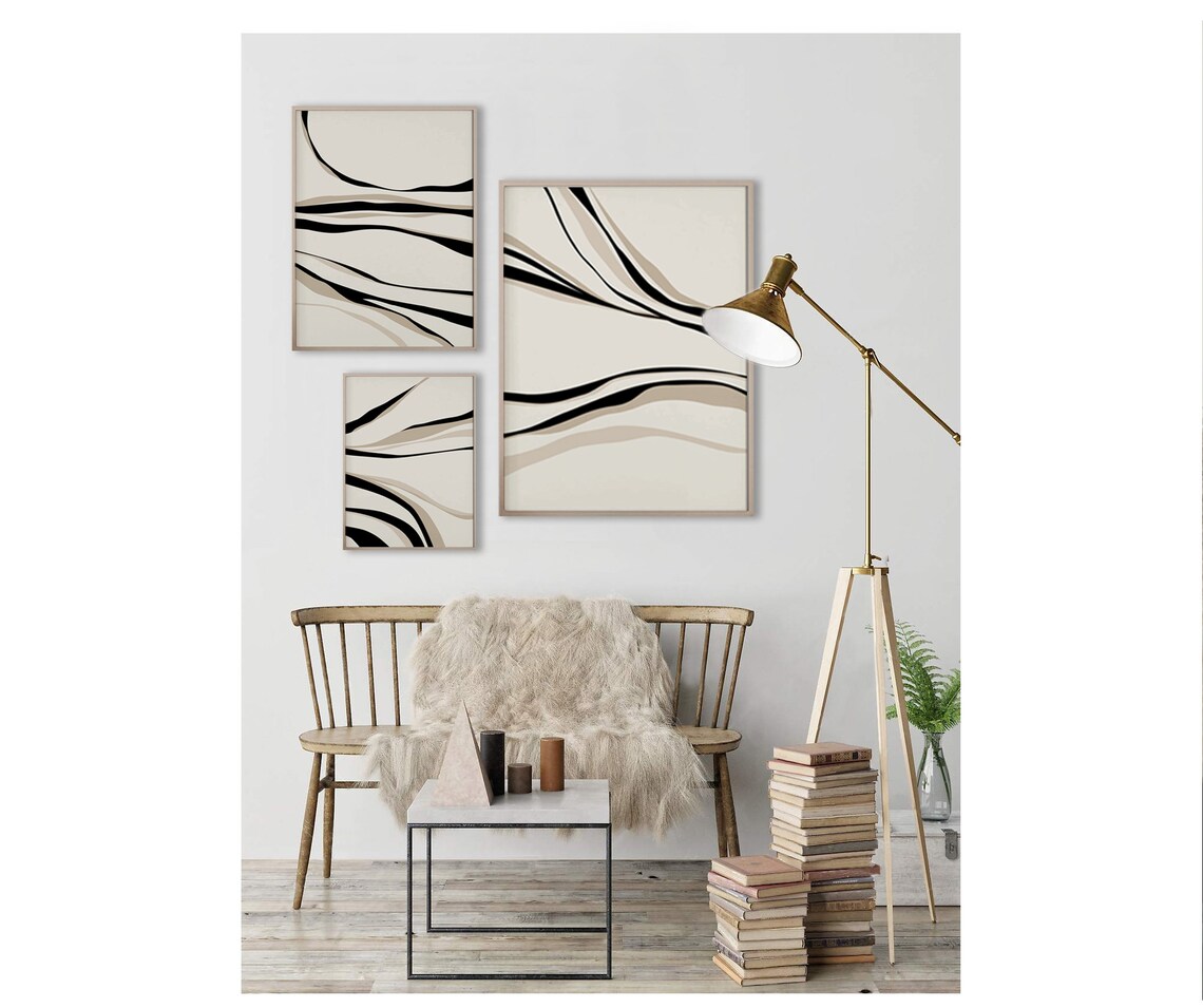 Black Ivory Modern Abstract Line Art Set of 3 Print Download, Organic ...