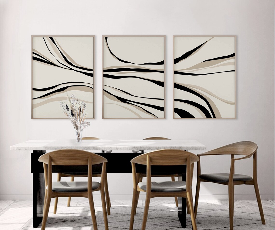 Black Ivory Modern Abstract Line Art Set of 3 Print Download, Organic ...