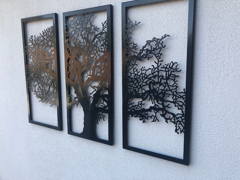 Metal Wall Art Decor 3D Sculpture 3 Piece Oak Tree Modern Decor Tree of ...