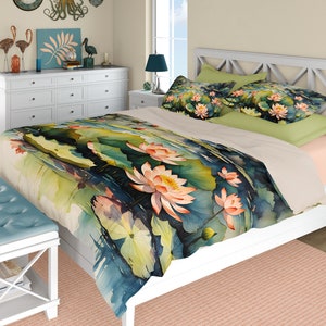 Watercolor Lotus Flowers Duvet Cover or Quilted Comforter. Twin, Queen ...