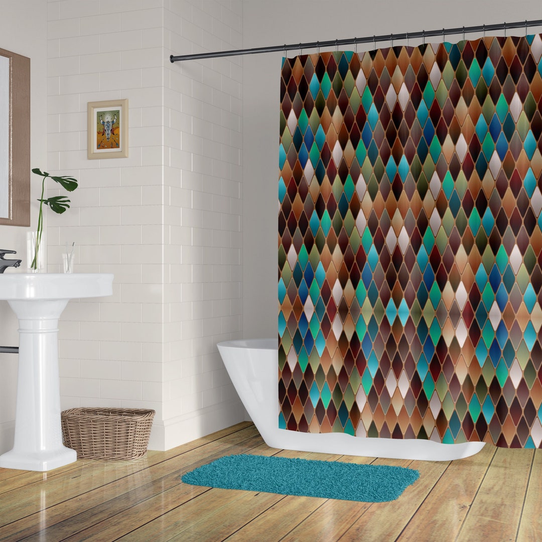 Diamond Pattern Mosaic Shower Curtain Set in Moroccan Colors - Etsy