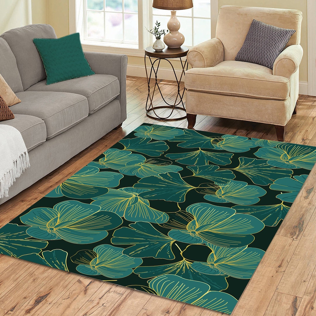 Abstract Green Floral Rug, Bold Pattern Ginkgo Leaves and Hibiscus ...