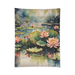 Watercolor Lotus Flowers Duvet Cover or Quilted Comforter. Twin, Queen ...