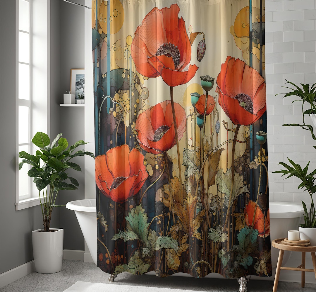 Poppy Shower Curtain, Watercolor Wildflowers Art Nouveau Style Floral ...