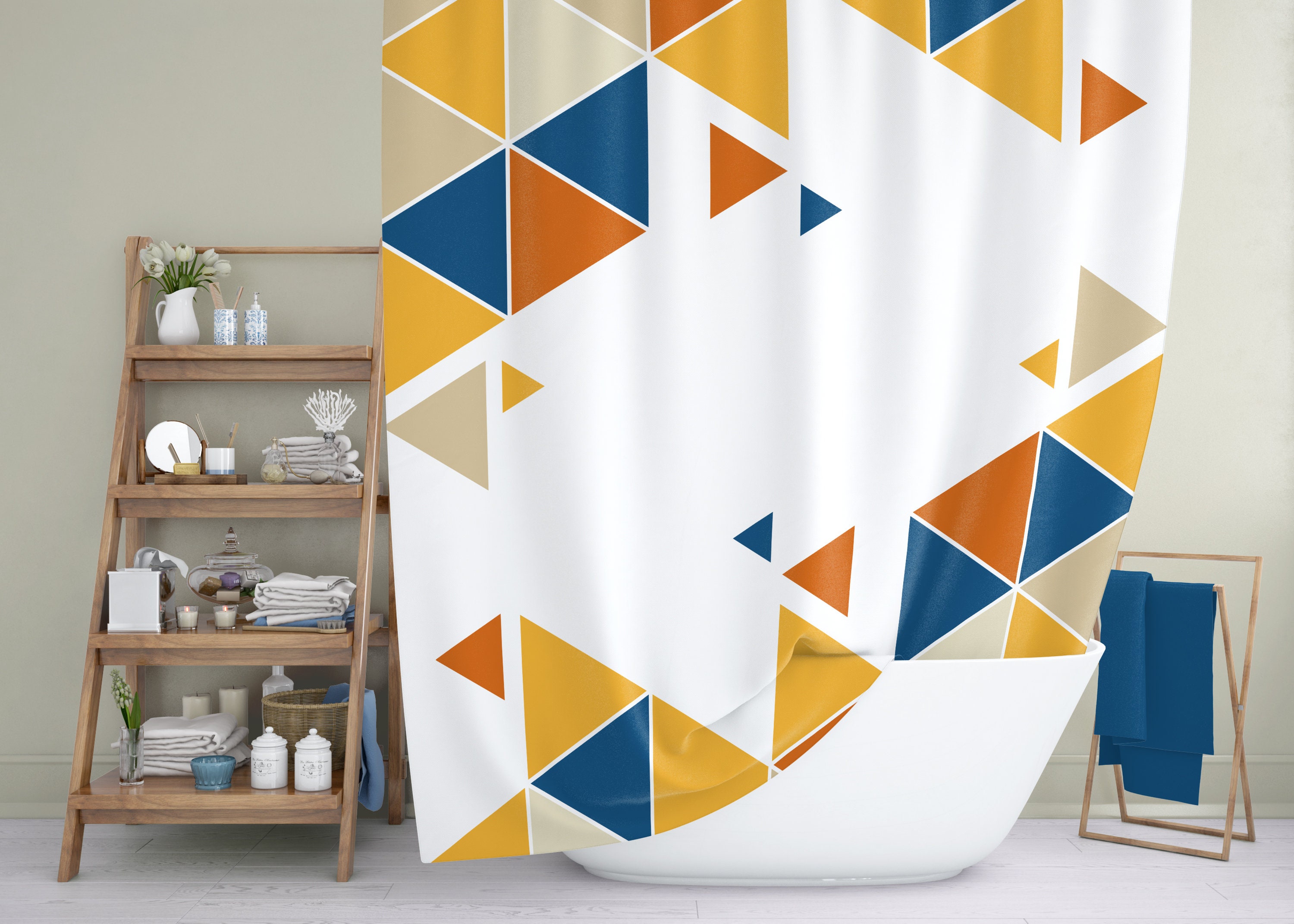 Geometric Shower Curtain Set In Mustard Burnt Orange Blue Etsy