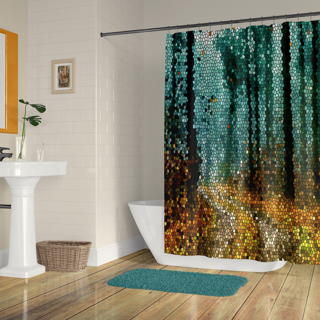Path in the Forest Trees Mosaic Tile Shower Curtain Set in - Etsy