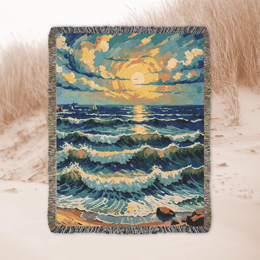 Tropical Beach Sunset Woven Blanket, Coastal Decor Cotton Anniversary ...