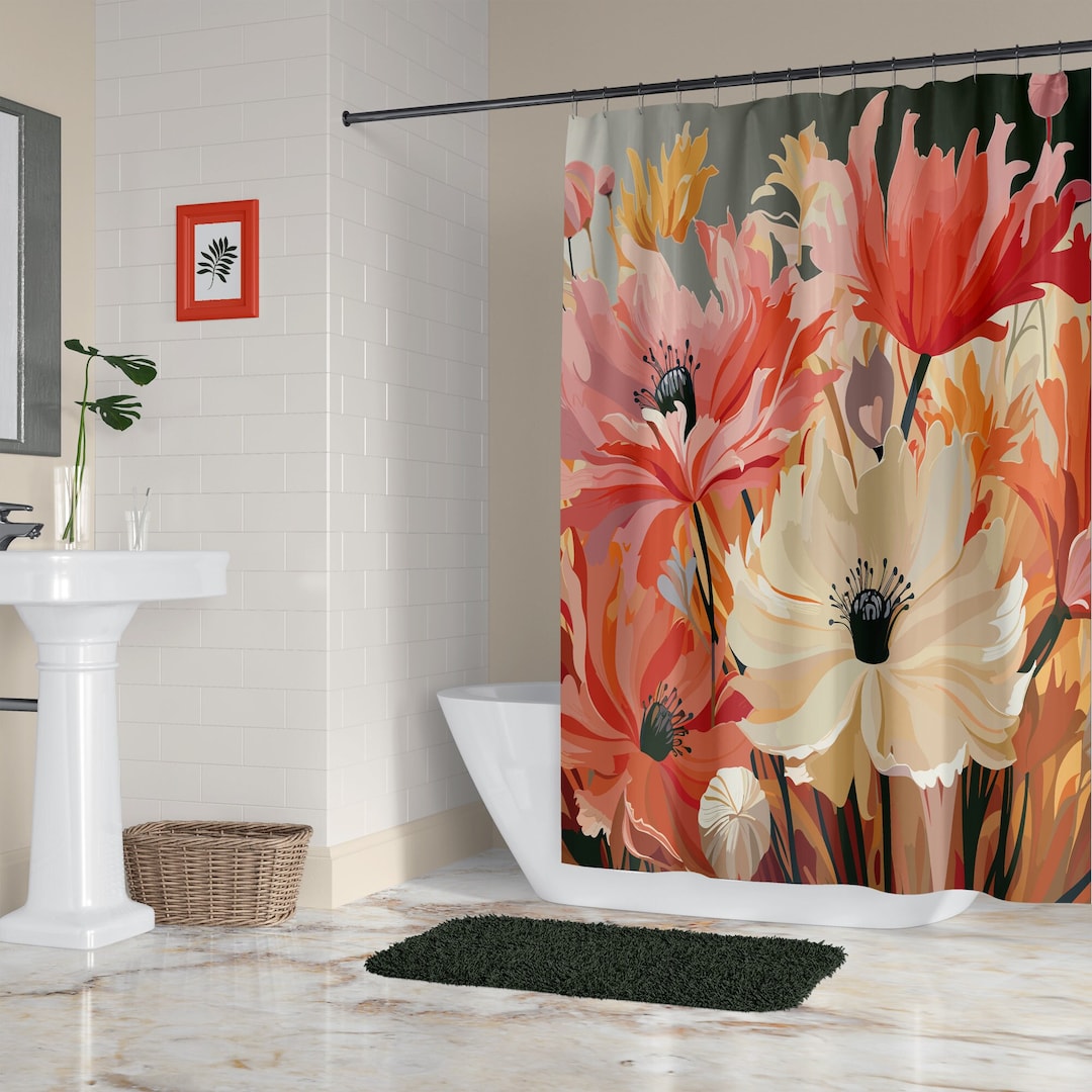 Bold Contemporary Floral Shower Curtain Set, Large Flowers in Tropical Colors and Matching Bath ...