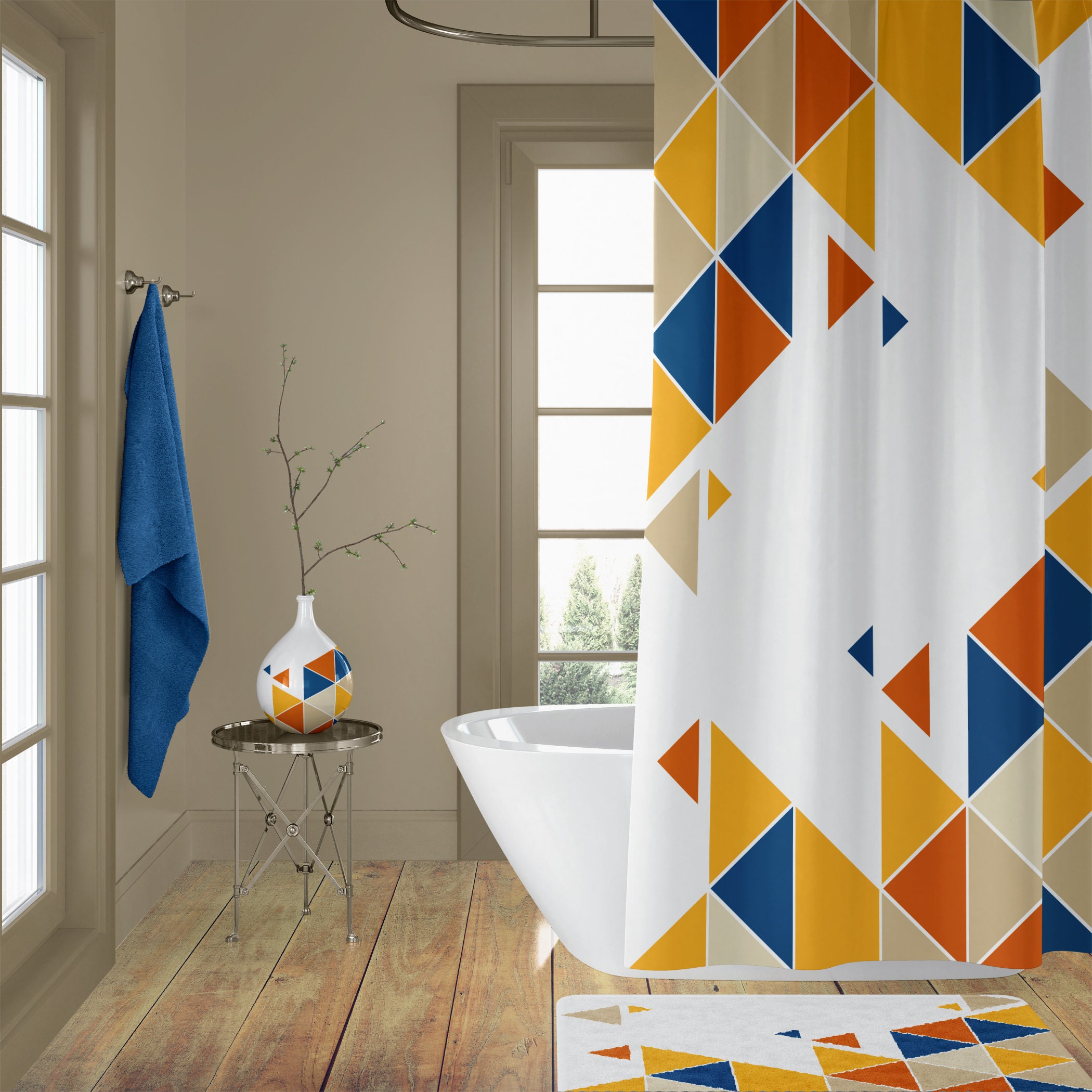 Geometric Shower Curtain Set In Mustard Burnt Orange Blue Etsy