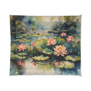 Watercolor Lotus Flowers Duvet Cover or Quilted Comforter. Twin, Queen ...
