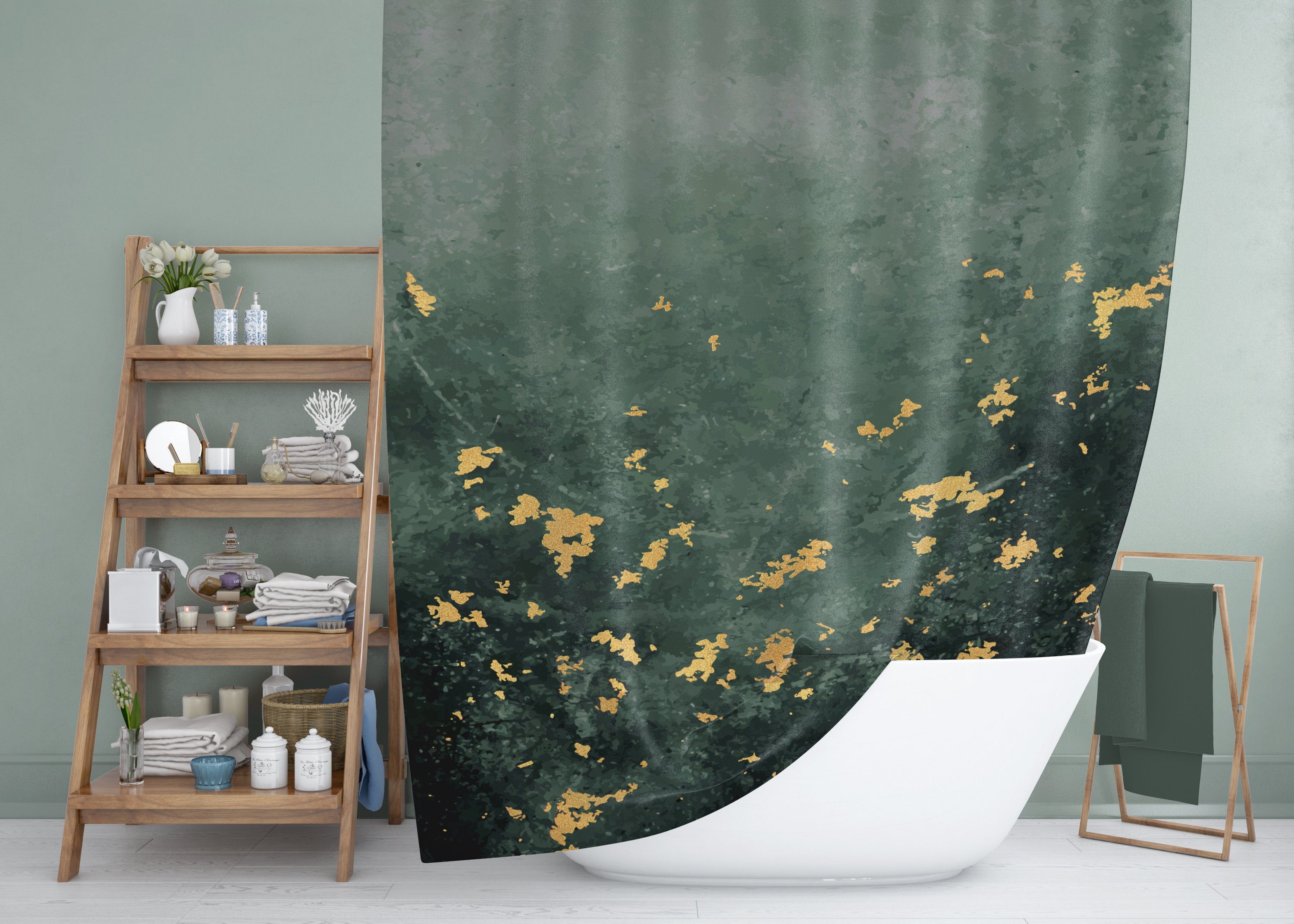 Abstract Green Gray Ombré and Gold Shower Curtain Set | Etsy