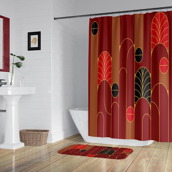 Red and black shower curtain set store