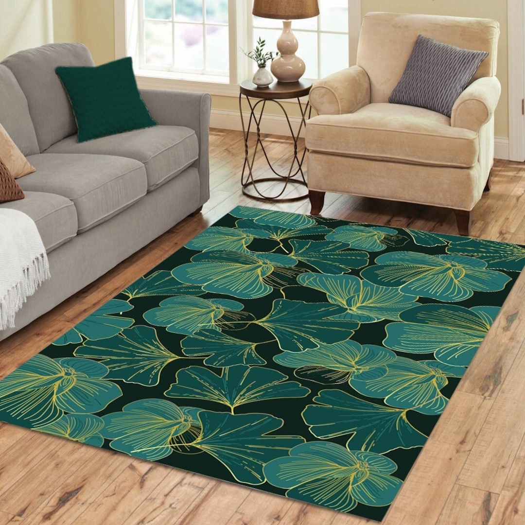 Abstract Green Floral Rug, Bold Pattern Ginkgo Leaves and Hibiscus ...