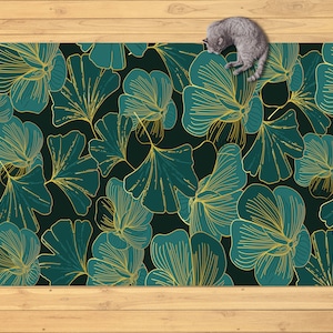 Abstract Green Floral Rug, Bold Pattern Ginkgo Leaves and Hibiscus ...