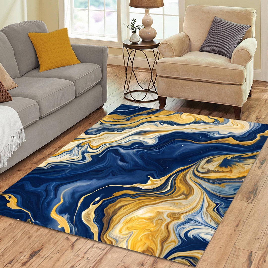 Navy Blue and Gold Abstract Rug, Fluid Art Pour Print, Indoor or ...
