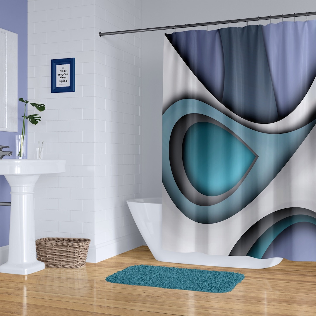 Modern 3D Abstract Geometric Shower Curtain Set, Teal, Gray and Lilac ...