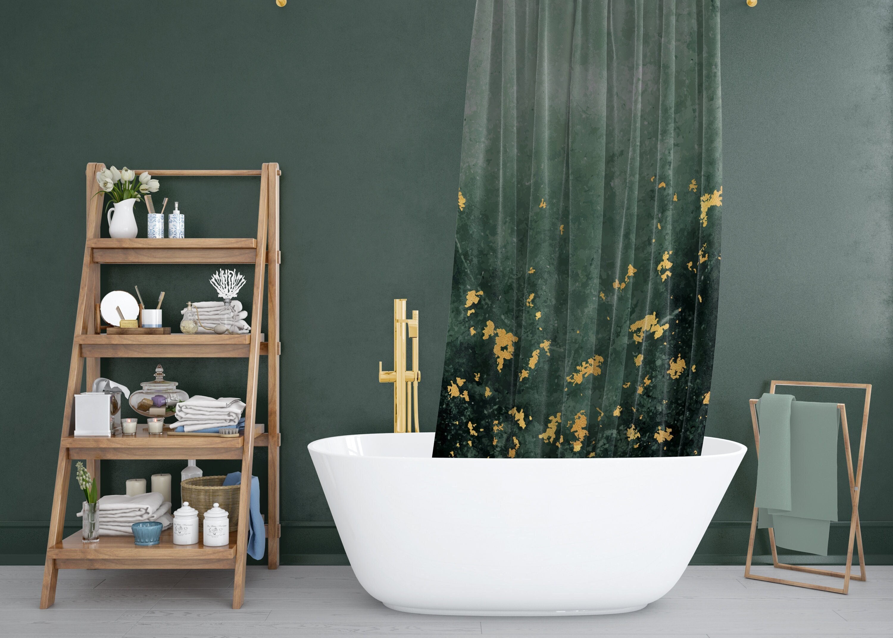 Abstract Green Gray Ombré and Gold Shower Curtain Set | Etsy