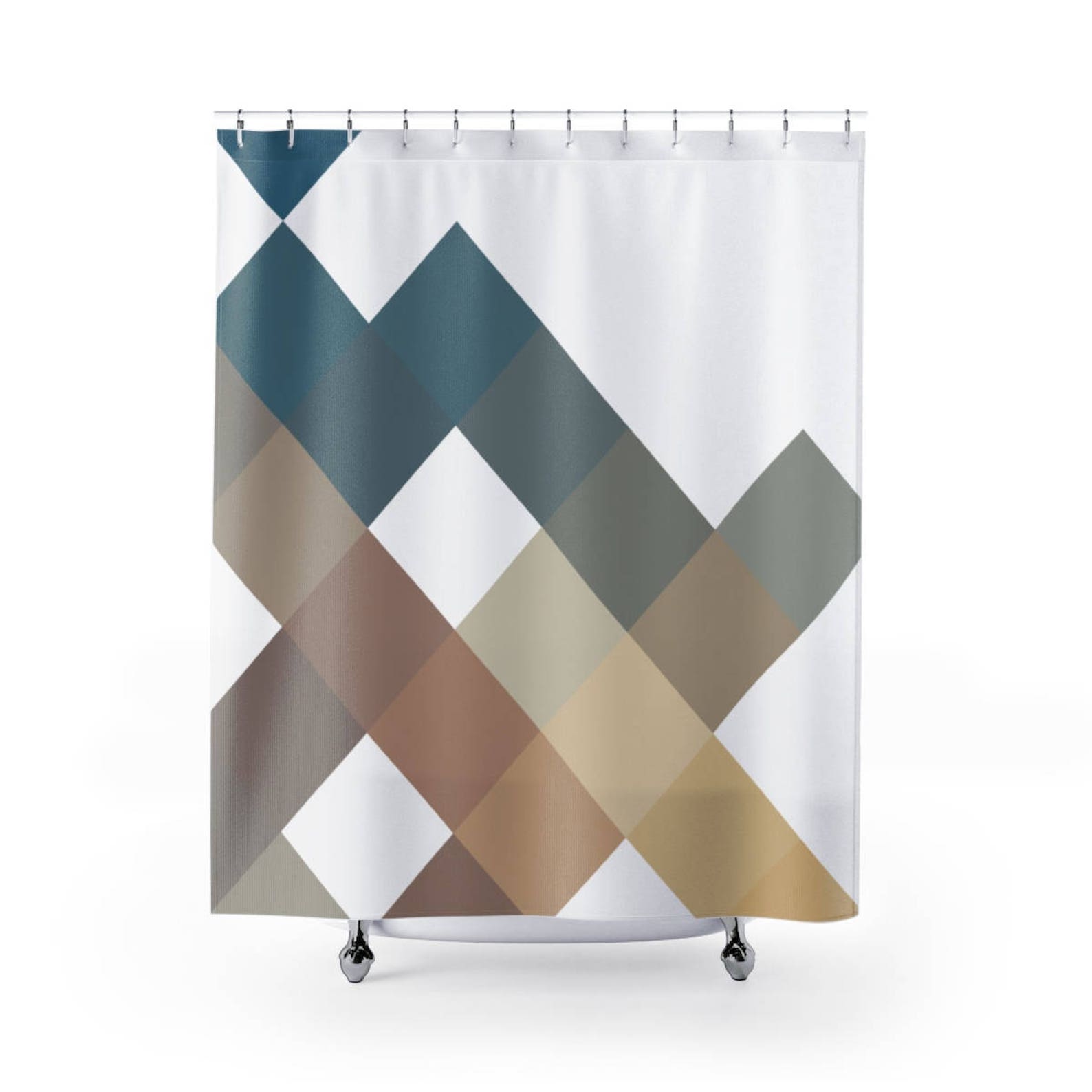 Large Squares Geometric Shower Curtain Blue and Brown - Etsy