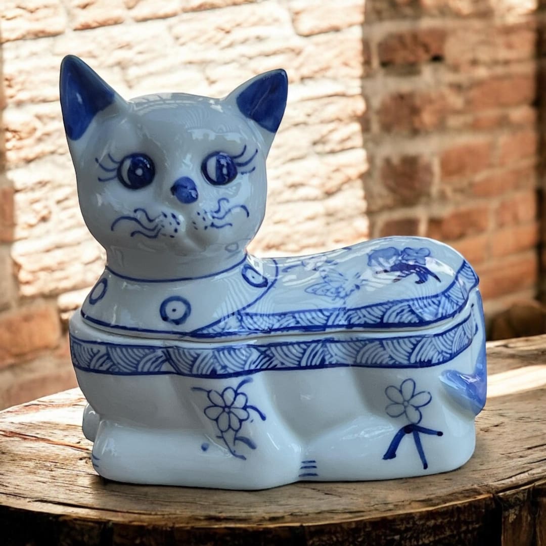 Vintage White Cobalt Blue Cat Candy Dish Lidded Jar Porcelain Asian ...
