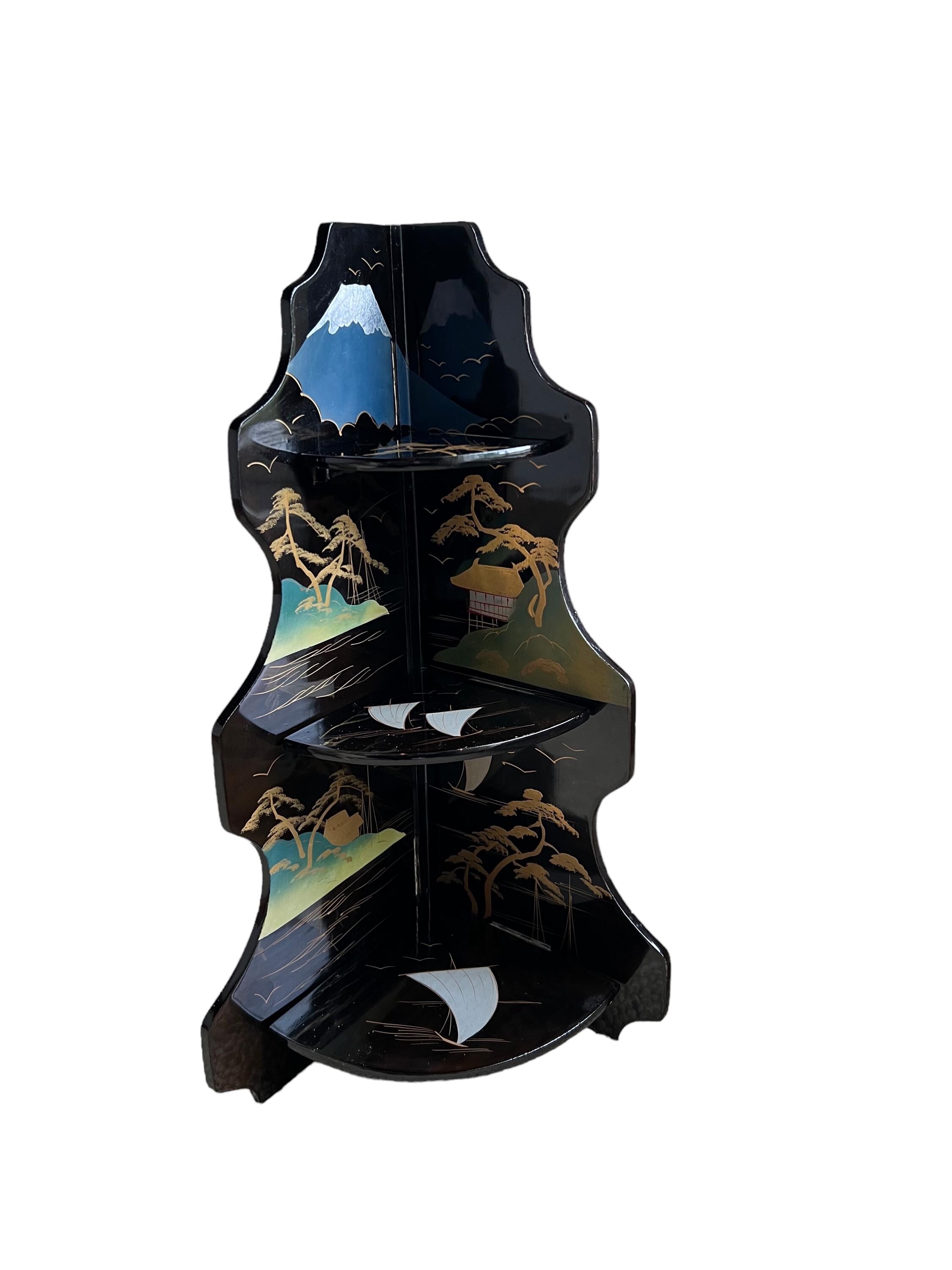 Japanese Wooden Folding Corner Shelf Aizu Matsumoto 3 Tier Black ...