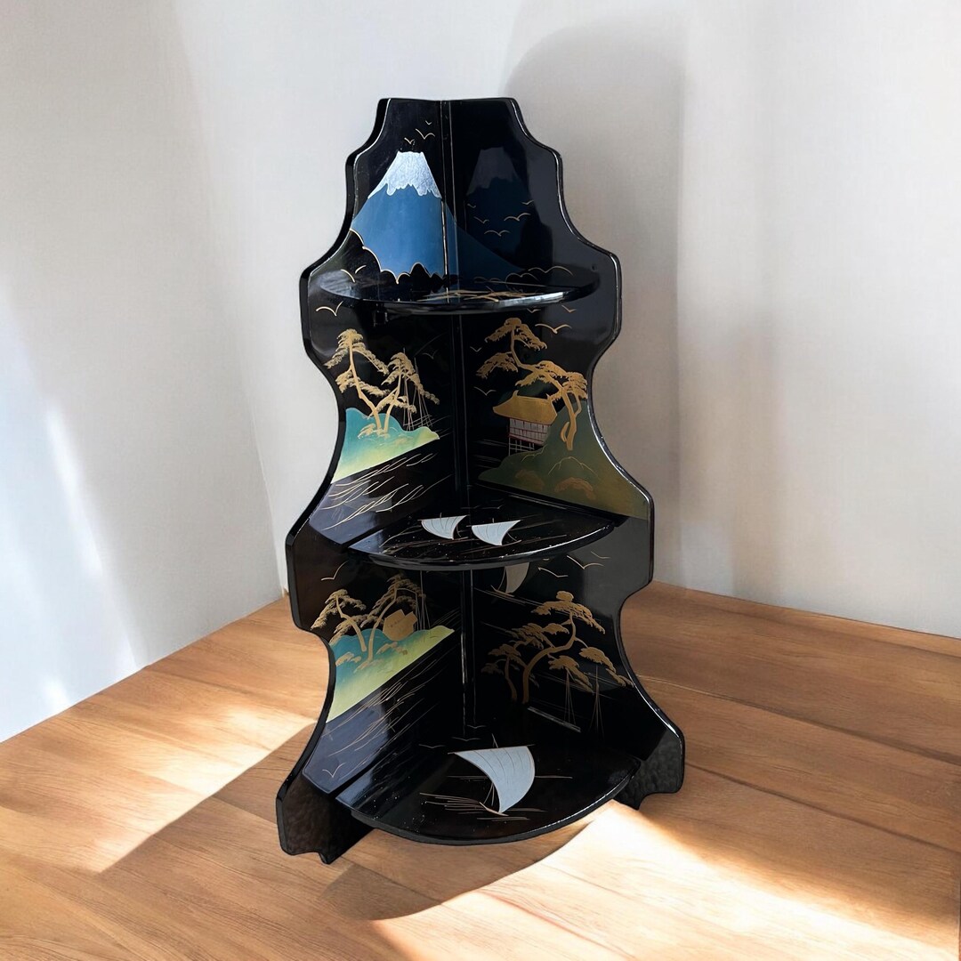 Japanese Wooden Folding Corner Shelf Aizu Matsumoto 3 Tier Black ...