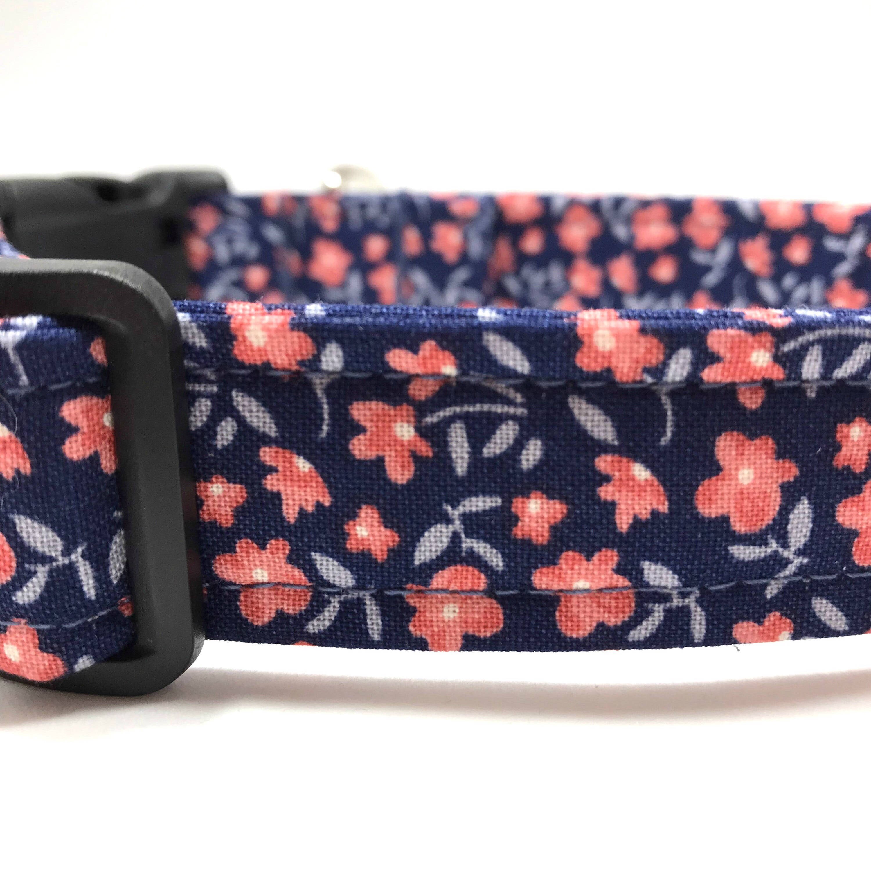 Blue With Pink Flower Fabric Dog Collar - Floral - Girl - Female - Gift ...
