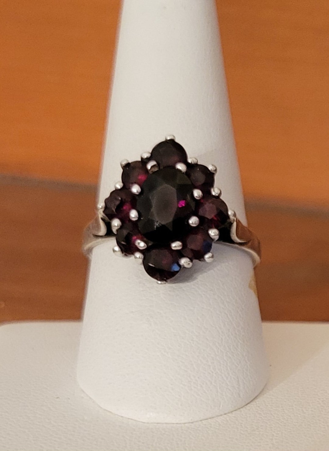 Vintage Garnet Sterling Ring, 9 Stone Cluster - Etsy