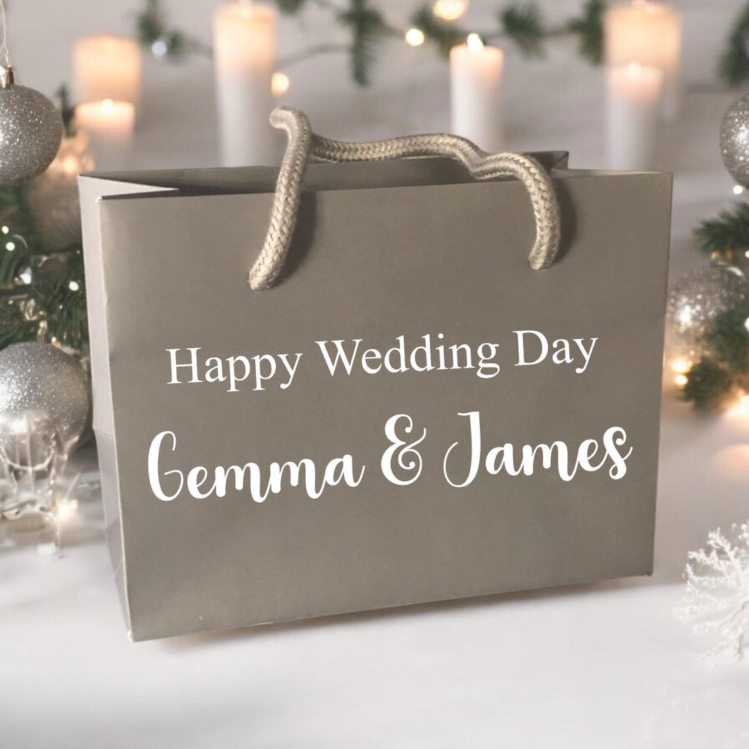 Grey Happy Wedding Day Gift Bag - Custom Name - Rope Handle - Small ...