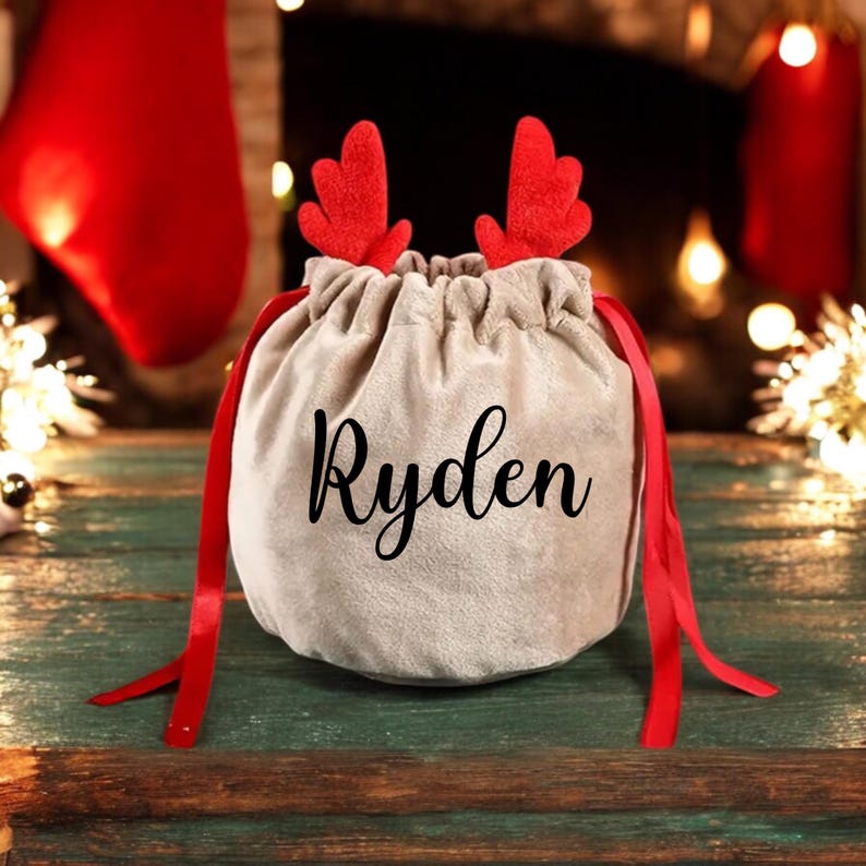 Personalised Reindeer Red Antler Treat Bag: Christmas Favour, Stocking ...