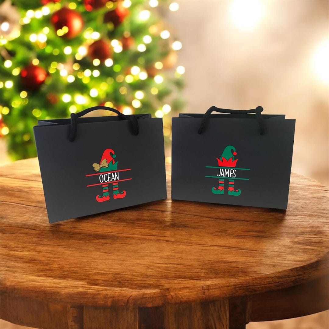 Christmas Elf Black Gift Bag With Rope Handle - Custom Name - Small ...