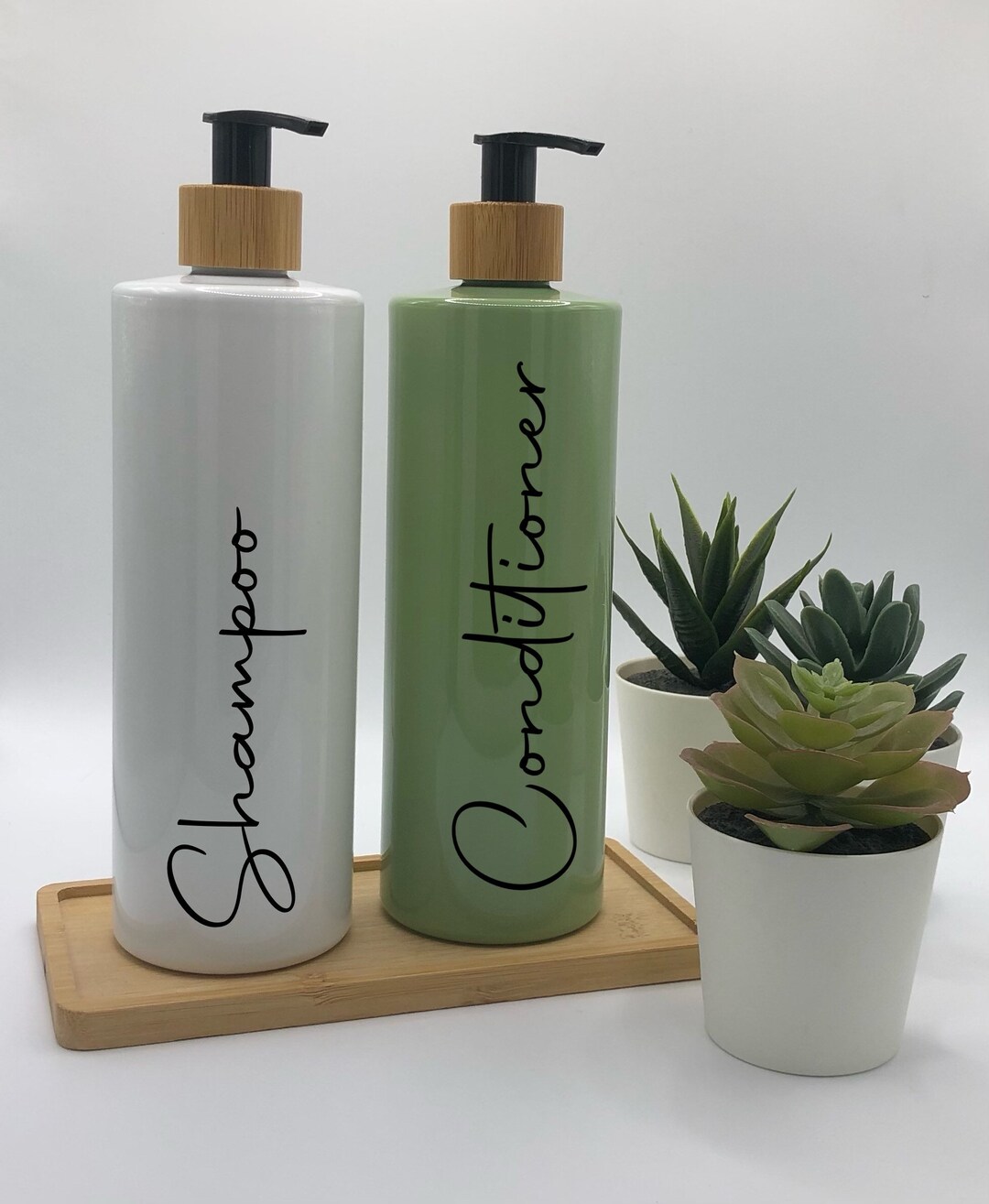 White & Sage Green Bottles With Black Bamboo Pumps 500ml Refillable ...