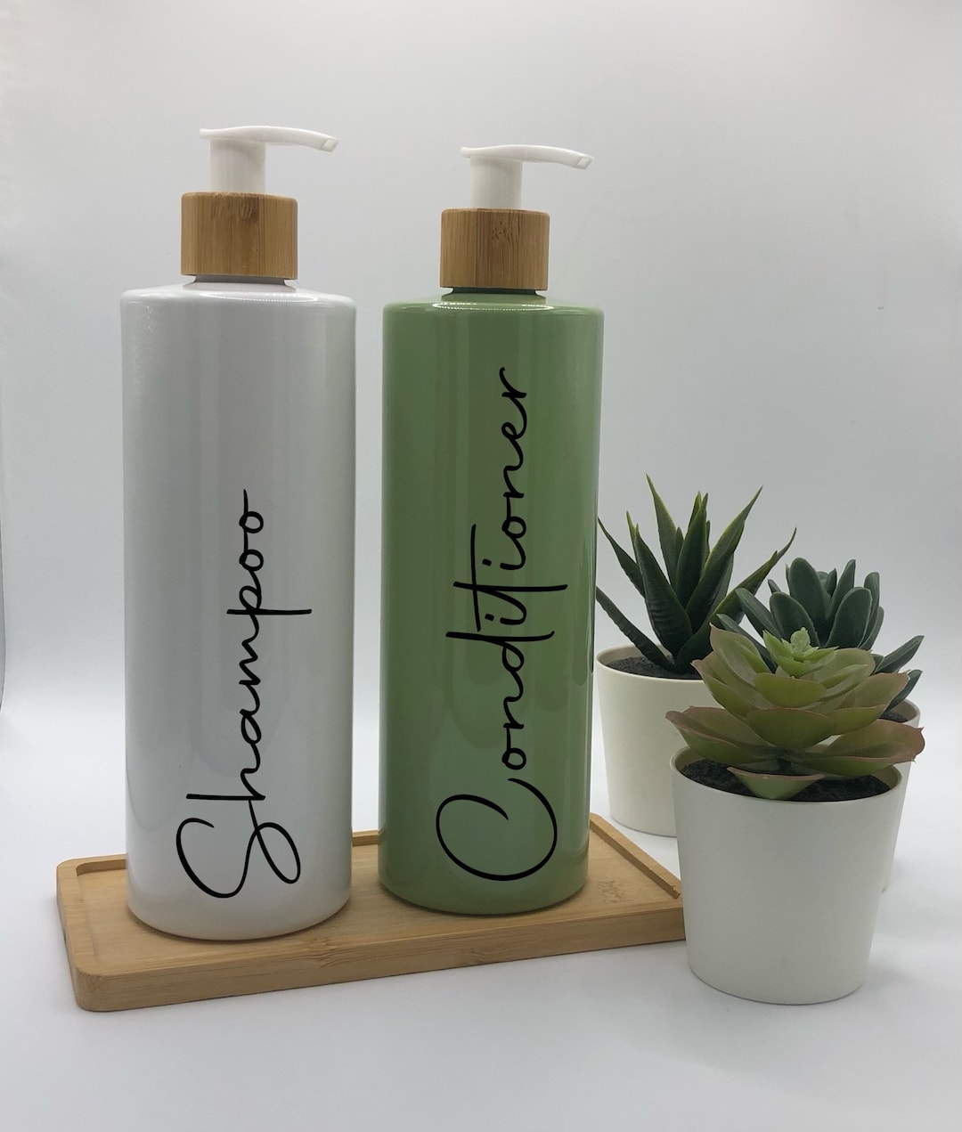 White & Sage Green Bottles With White Bamboo Pumps 500ml - Etsy