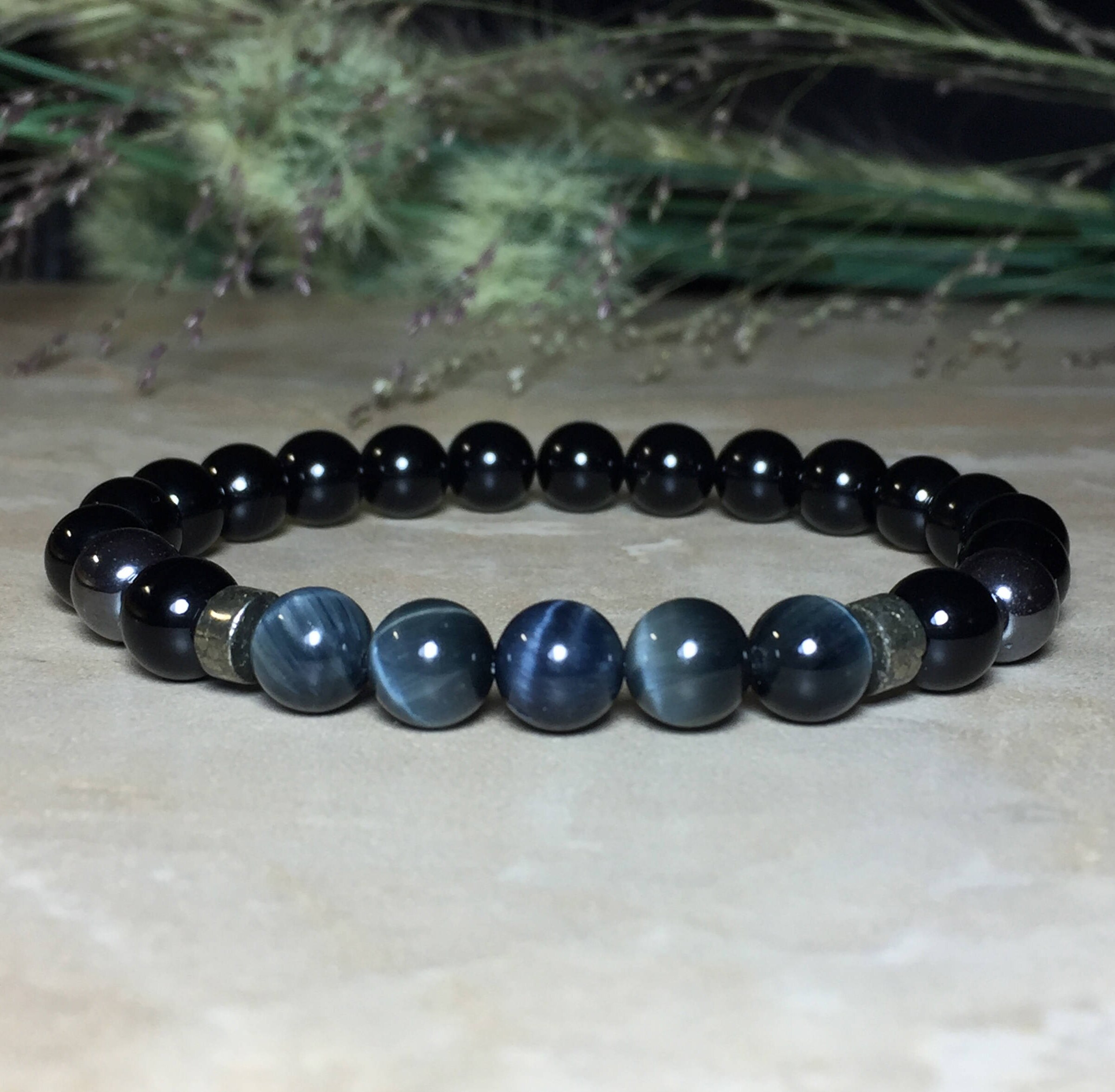 Men Black Agate Bracelet Blue Hawk's Eye Hematite | Etsy