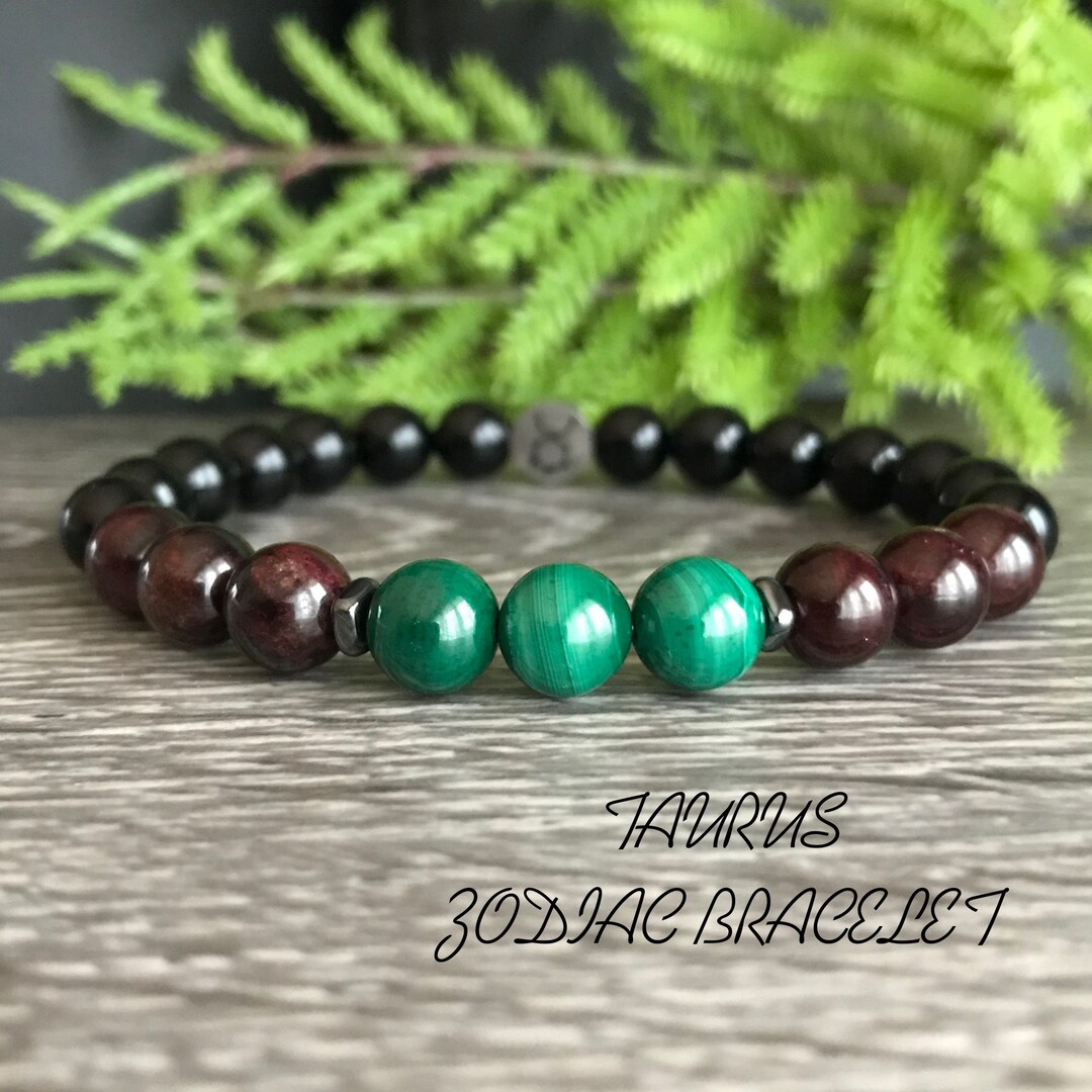 Unisex Taurus Zodiac Bracelet, Genuine Malachite Bracelet, Garnet ...
