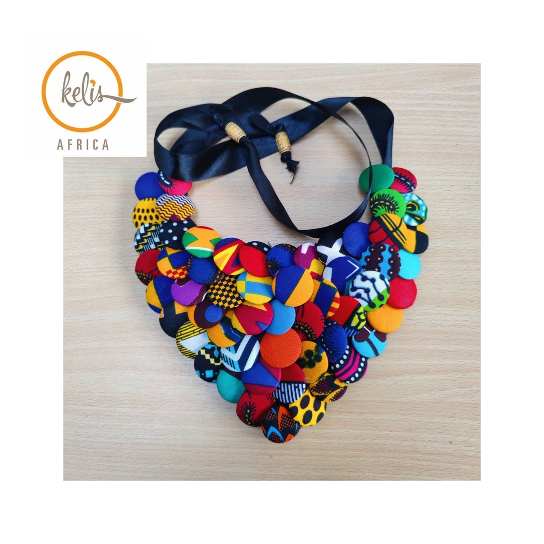 Handmade Ankara Button Bib Necklace, African Print Button Bib Necklace ...