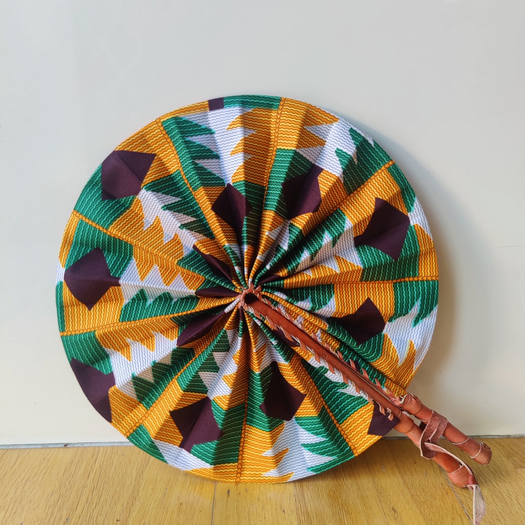 African Print Fan/ African Print Folding Hand Fan/ Handmade Leather and ...
