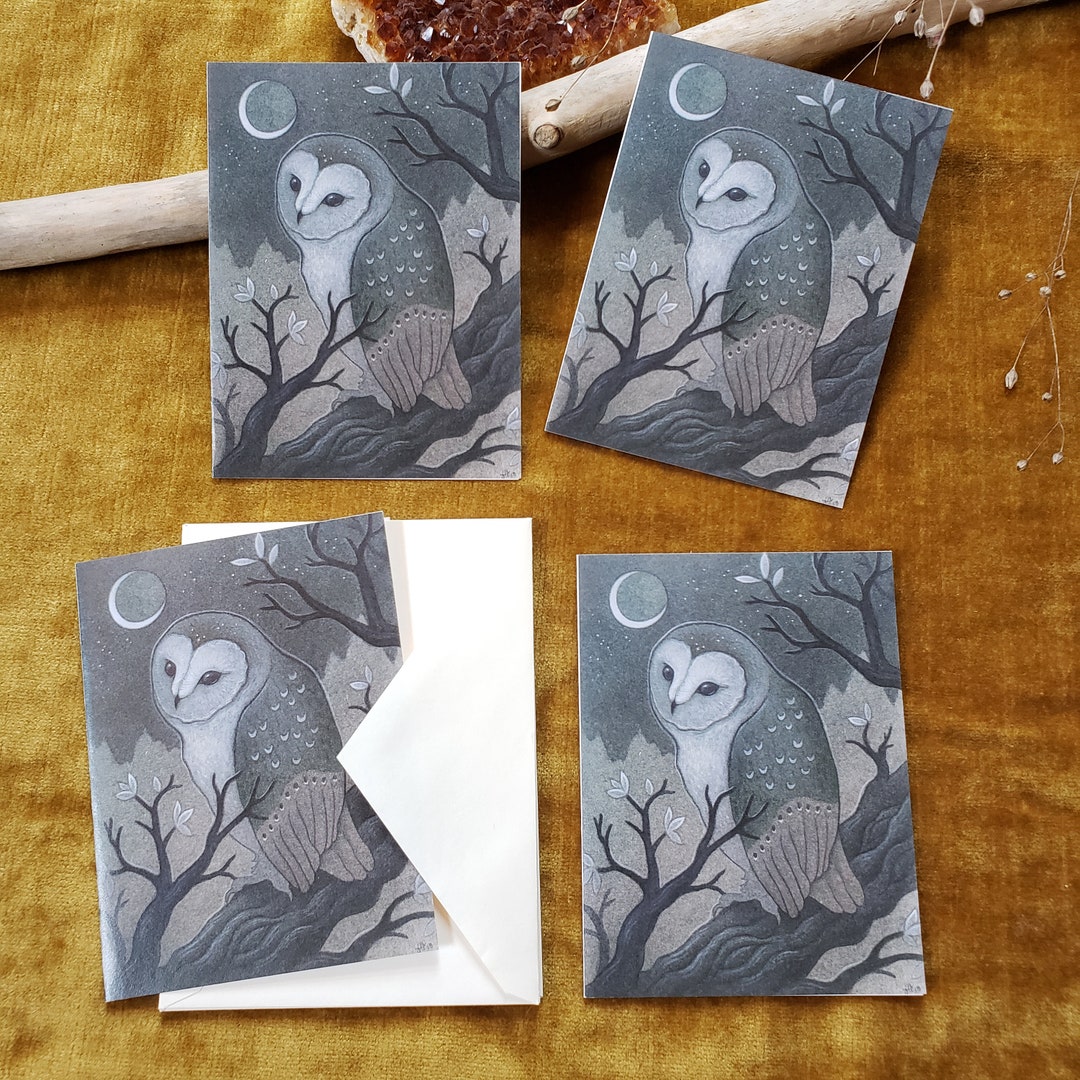 Four Barn Owl Note Cards // Blank Inside // Earthshine Lunar Owl Note ...