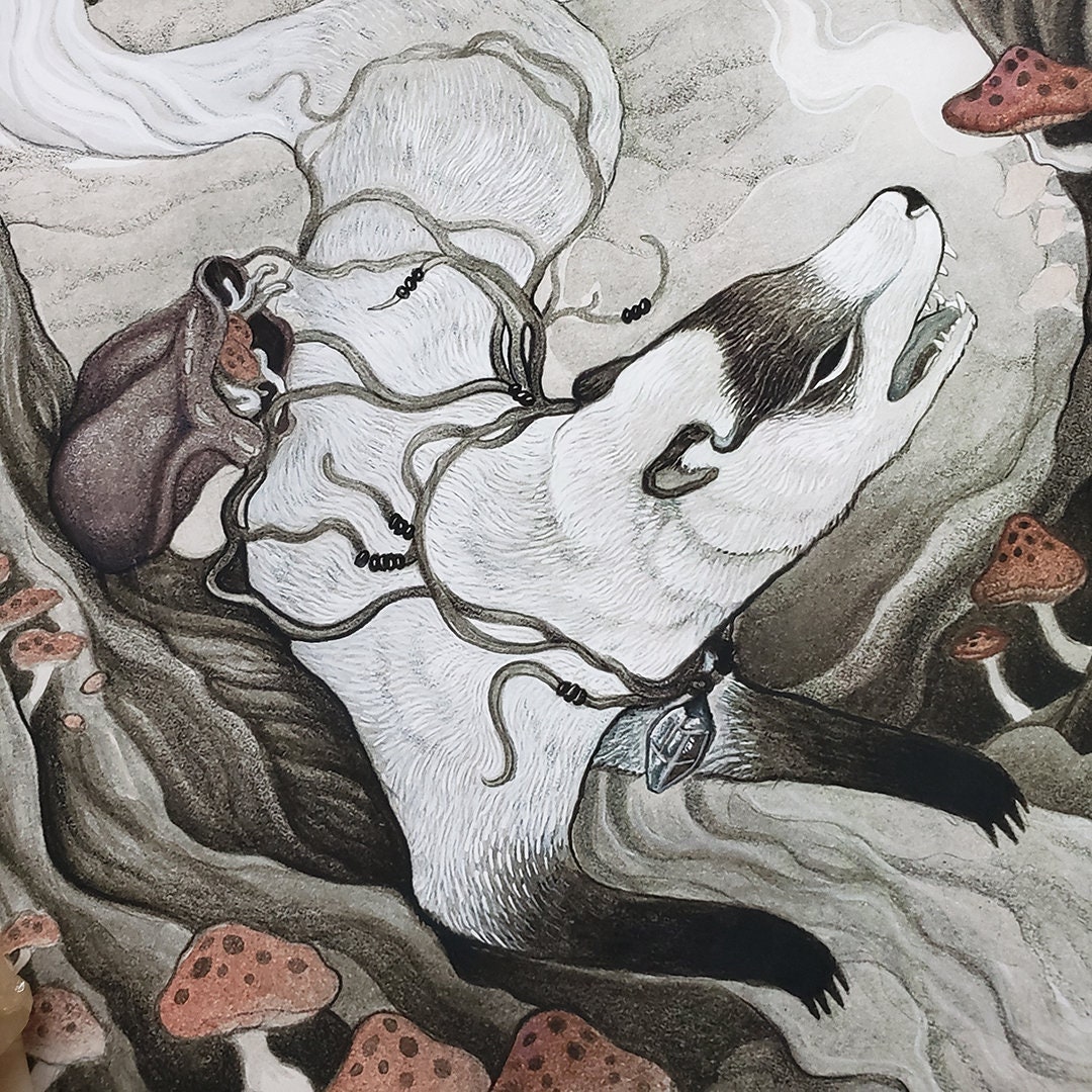 Weasel and Mushrooms Illustration // Giclee Print // Dark Surreal ...