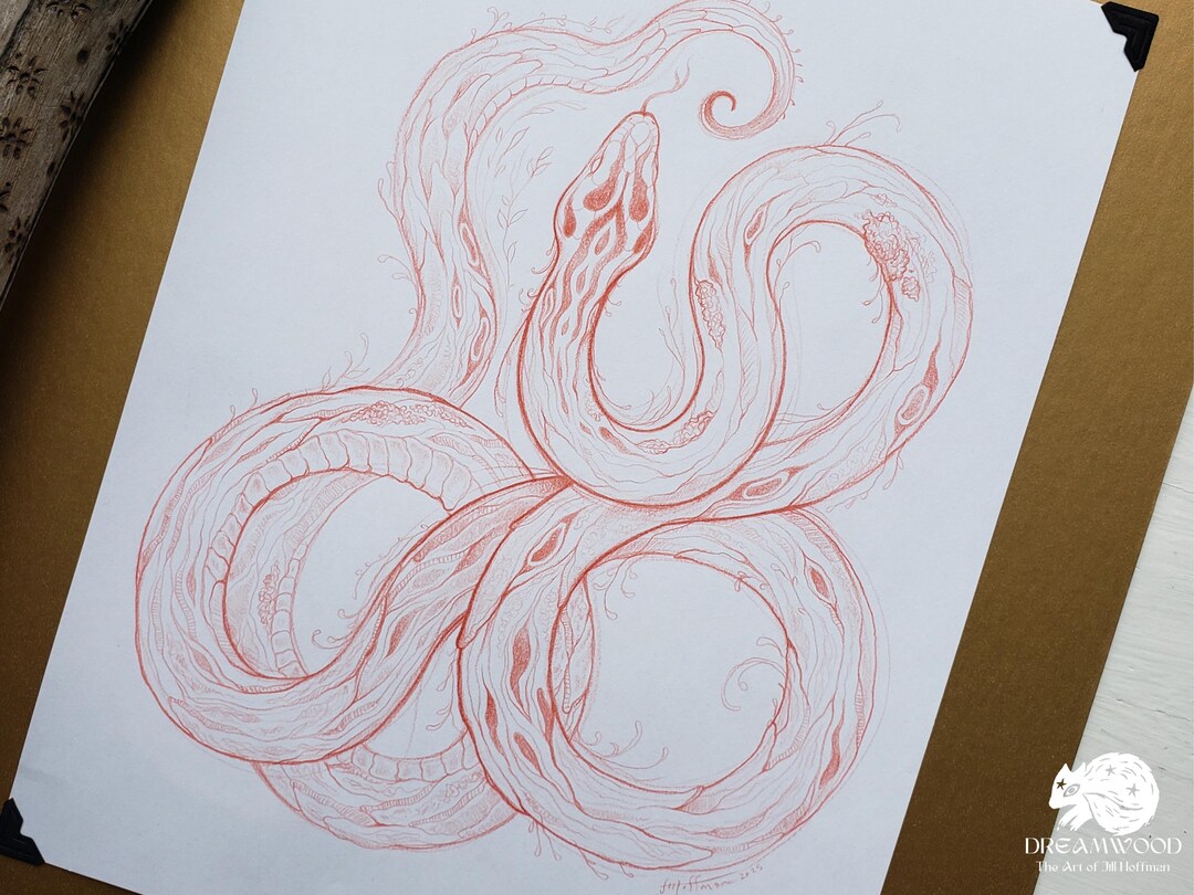 Original Drawing // Wood Snake // Surreal Serpentine Art // Bright ...