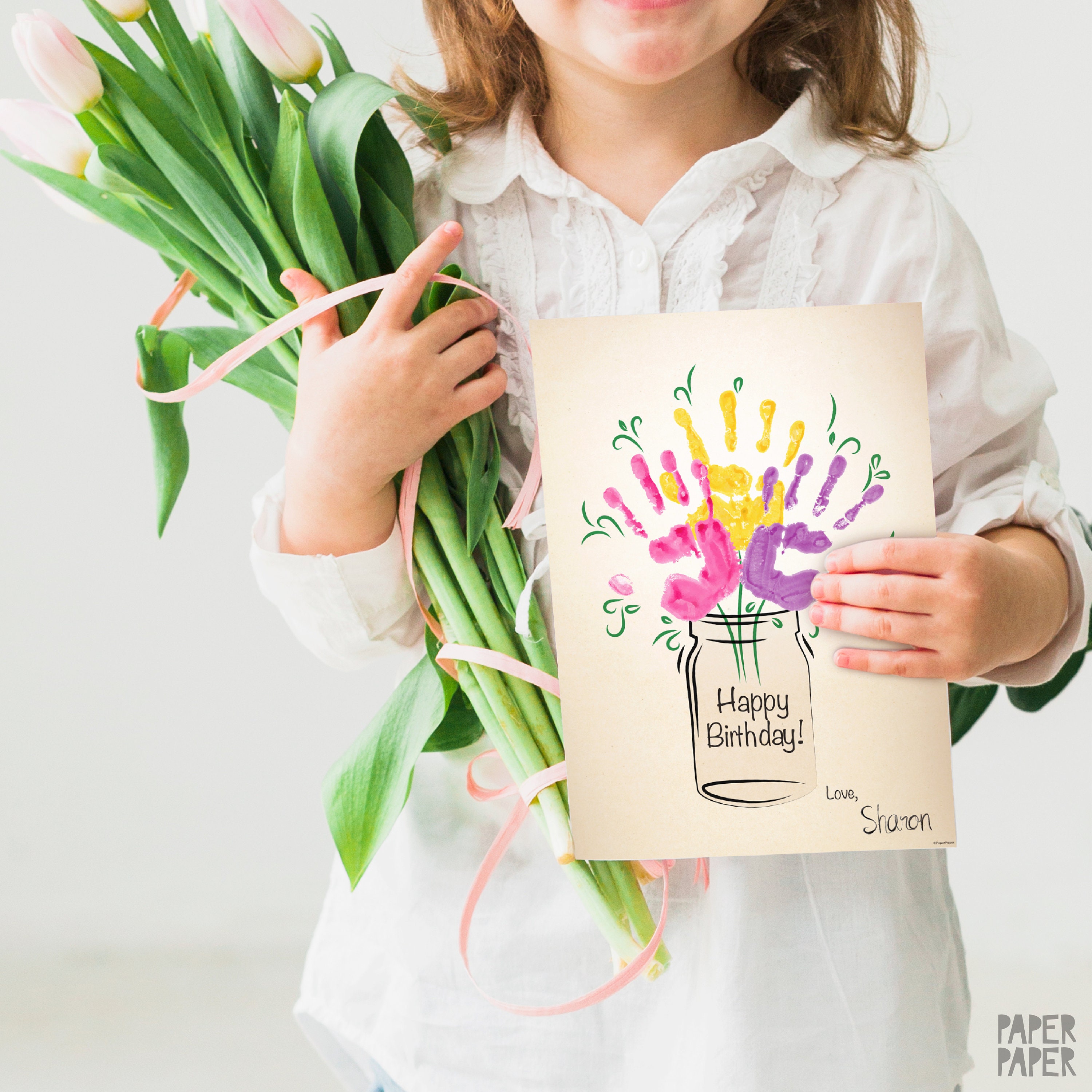 Flowers Handprint Birthday Card | DIY Card Gift Memory Keepsake | Gift ...