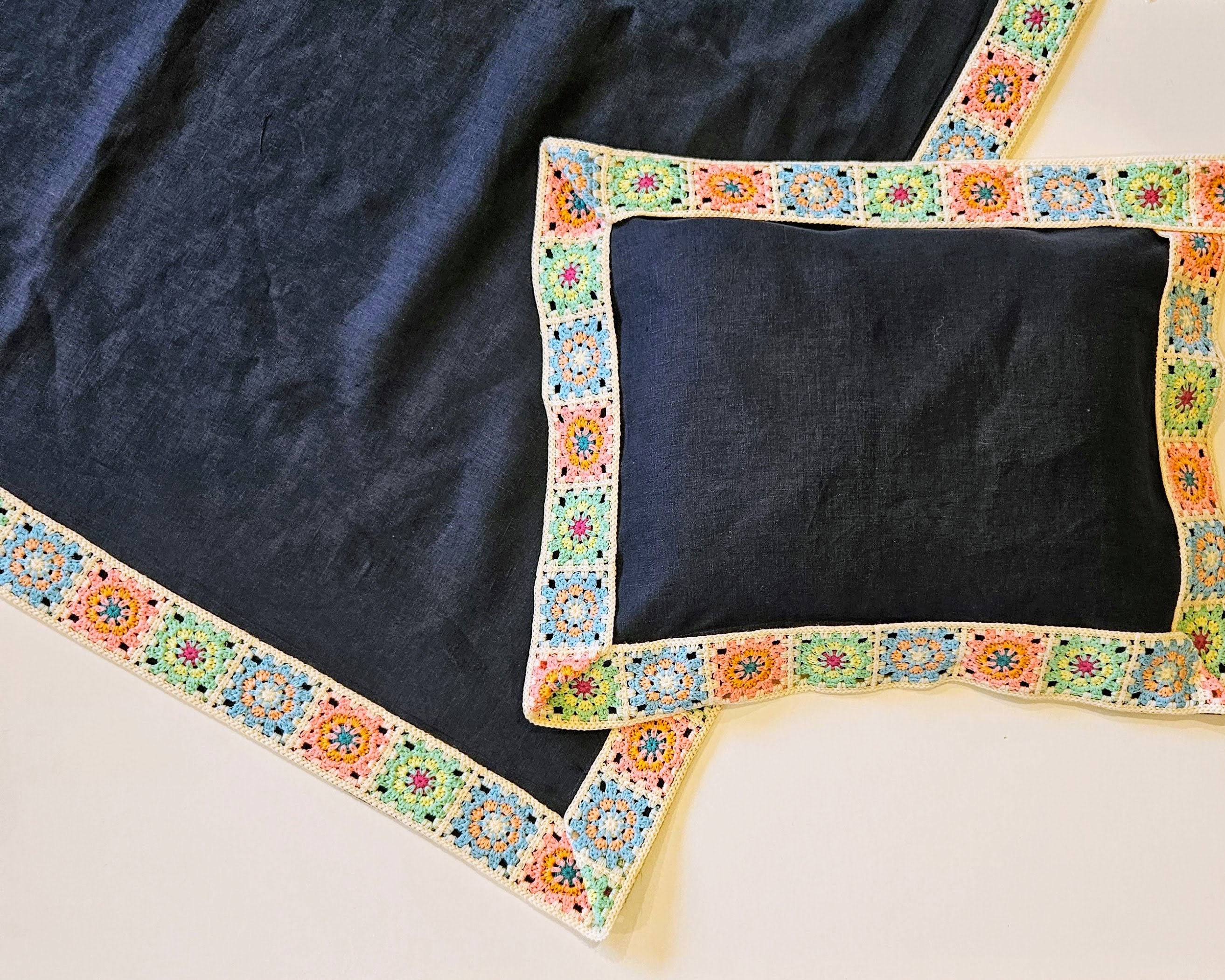 Linen Baby Wrap Set: Handmade Crochet Granny Square Edge, Pillowcase ...