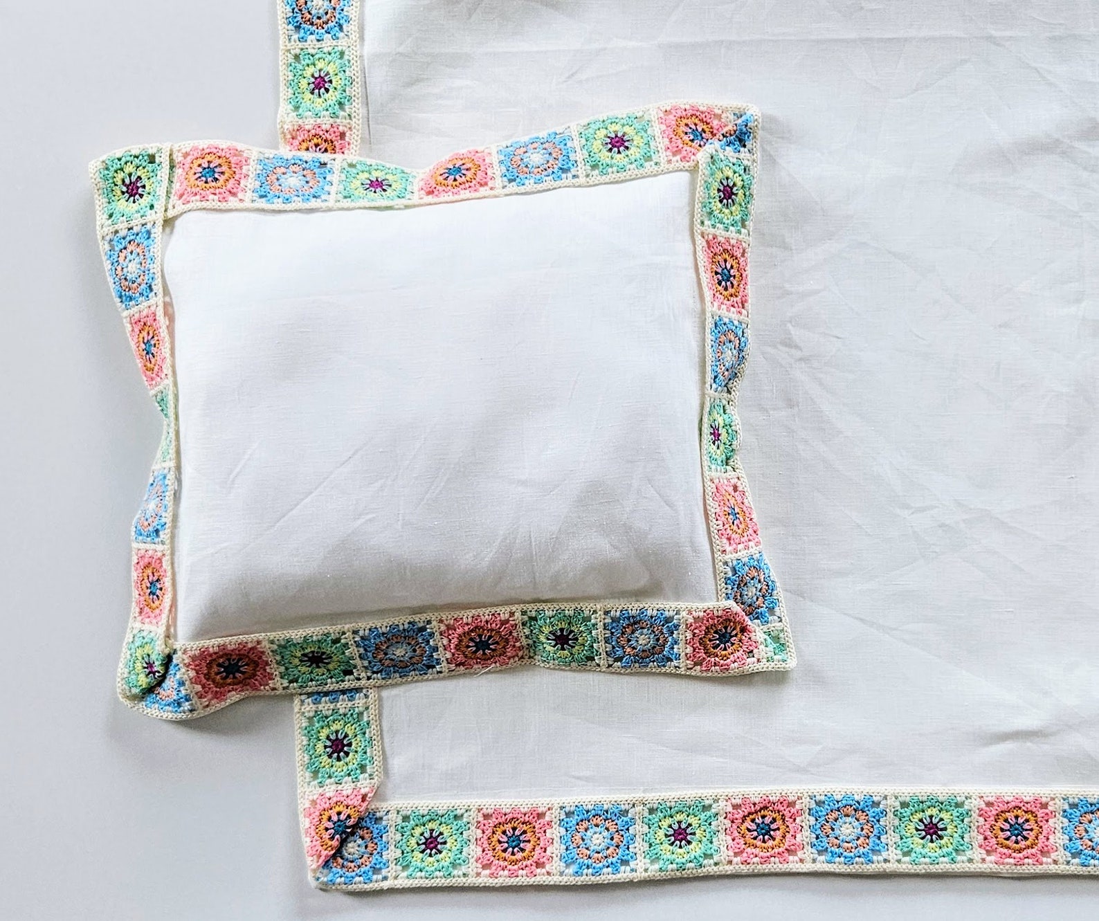 Linen Baby Wrap Set: Handmade Crochet Granny Square Edge, Pillowcase ...