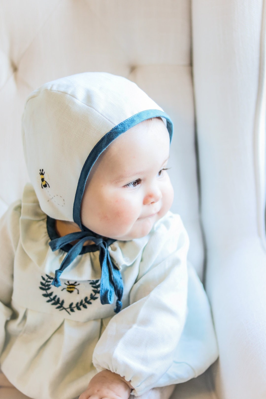 Embroidered Linen Baby Bonnet - Handmade Heirloom Bonnet (3-36 Months ...
