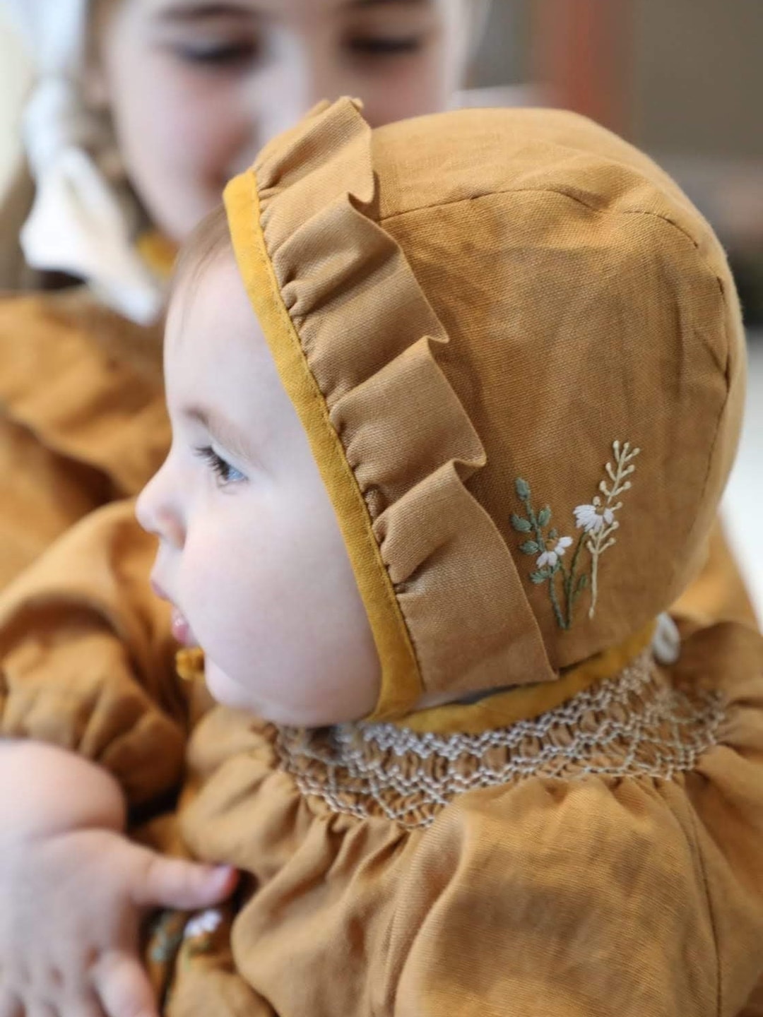 Embroidered Ruffle Linen Baby Bonnet - Any Size 3 to 36 Months - Made ...