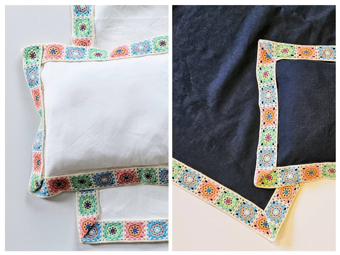 Linen Baby Wrap Set: Handmade Crochet Granny Square Edge, Pillowcase ...