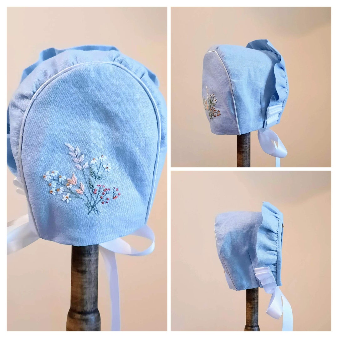 Embroidered Linen Ruffle Baby Bonnet - From 3 to 36 Months - Made to ...