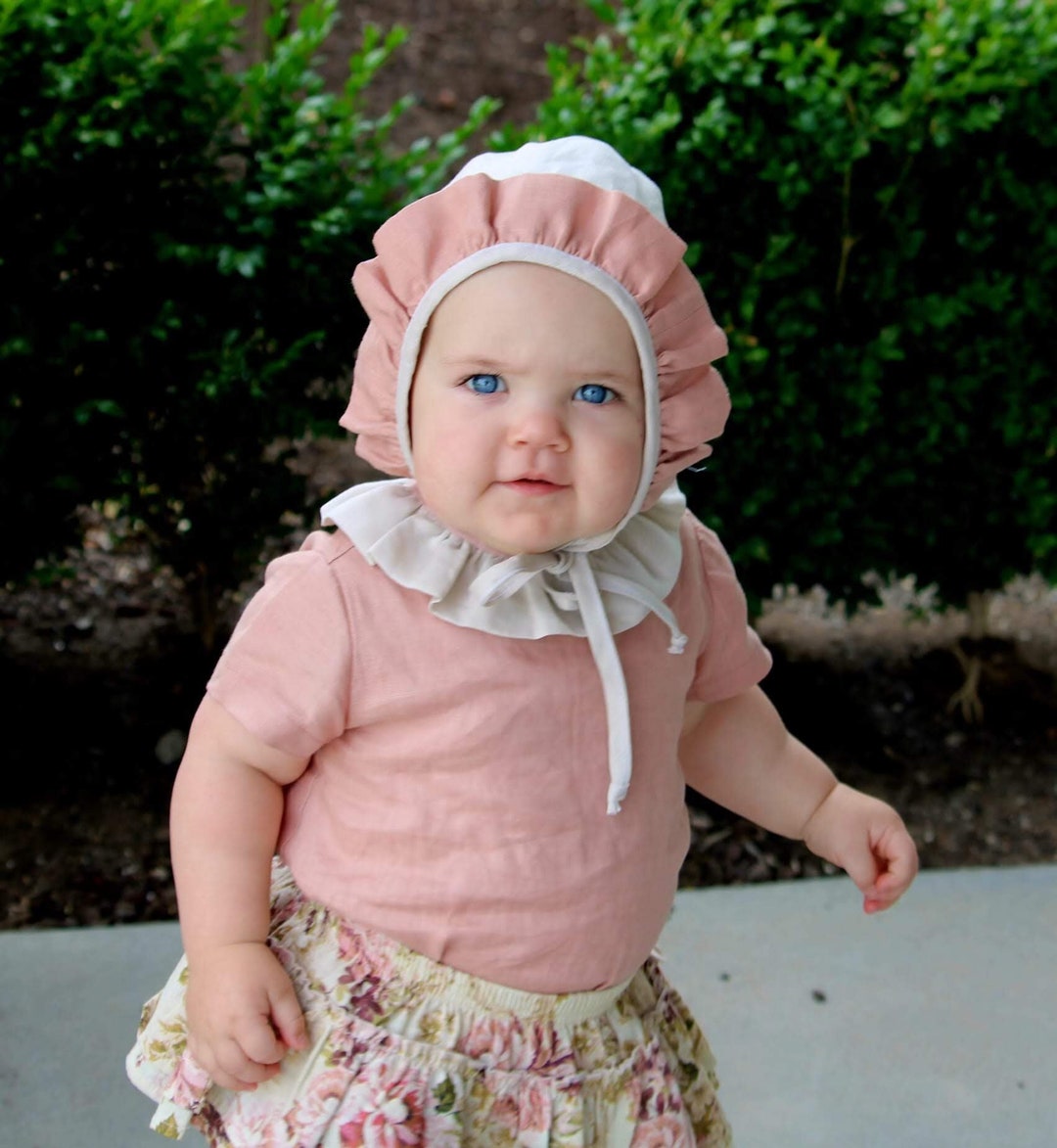 Linen Baby Bonnet – Roberta Style, Contrast Ruffle (3-36 Months) Custom ...