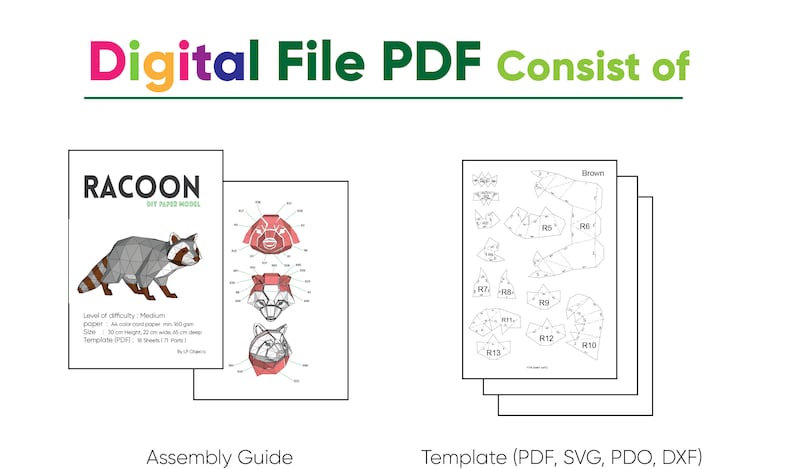Racoon Paper Craft, Digital Template, Origami, PDF Download DIY, Low ...